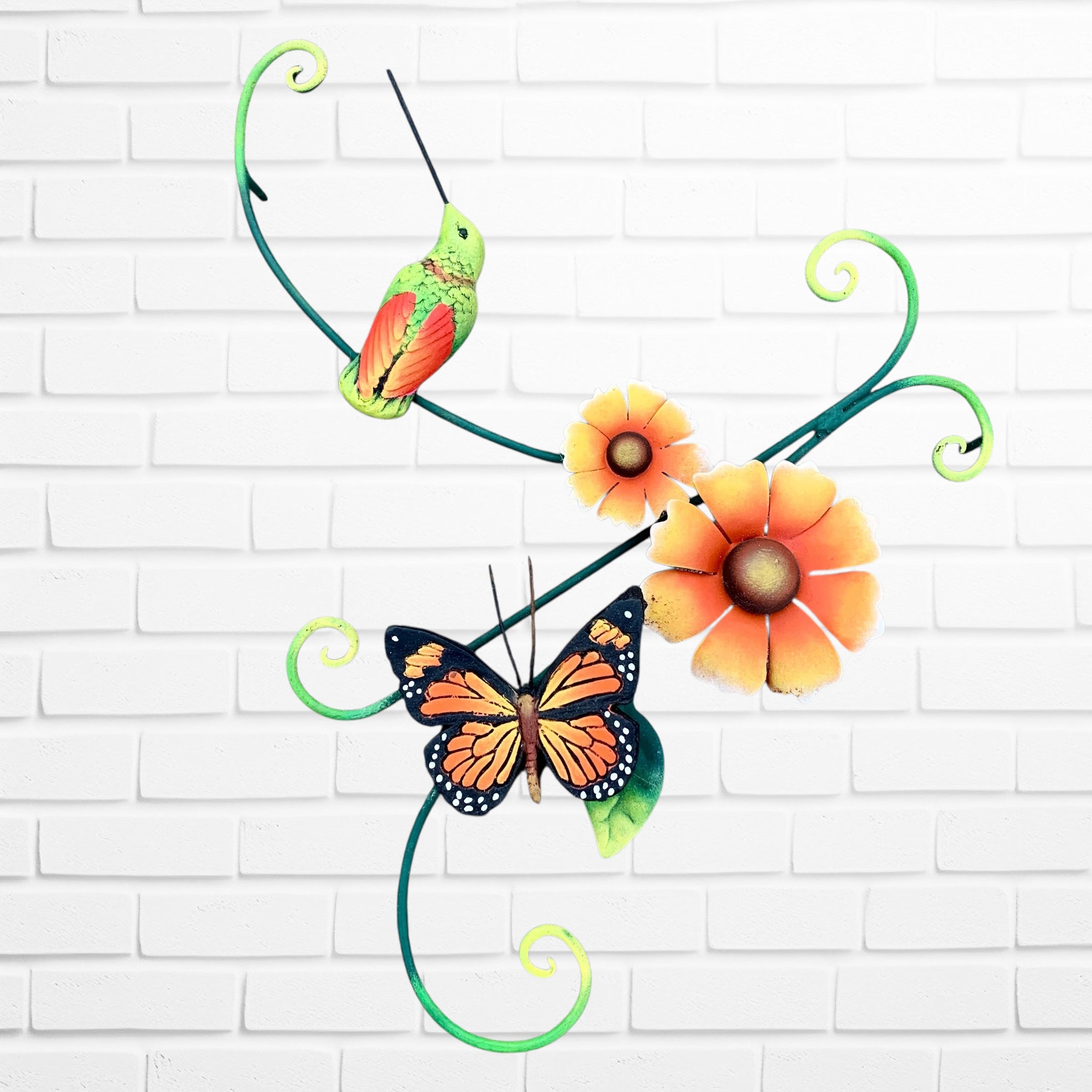Hummingbird Wall Sculpture - Metal Hummingbirds Floral Art | MexDecor