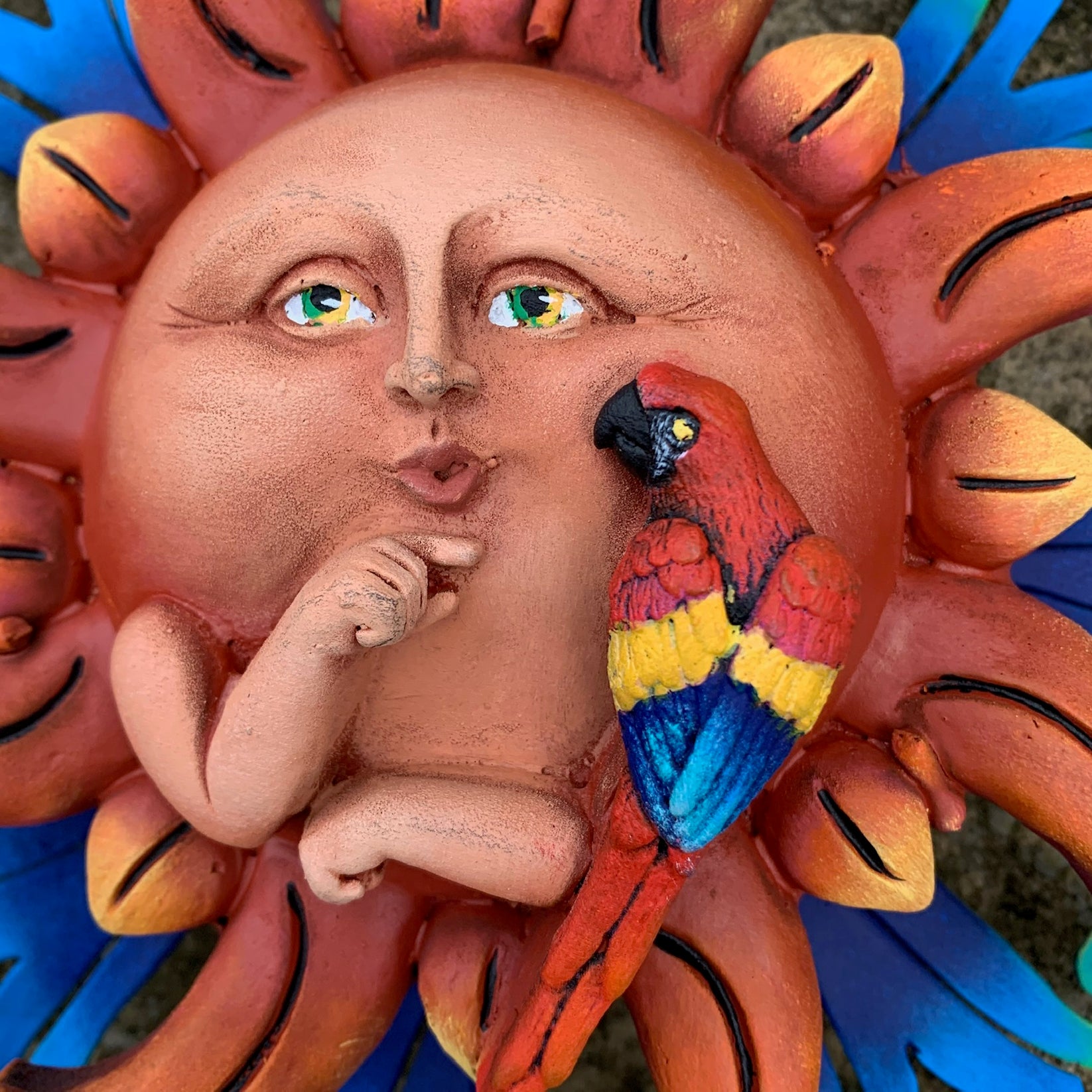 Sun and Parrot Sculpture - Mexican Handcrafted Wall Art - MexDecor