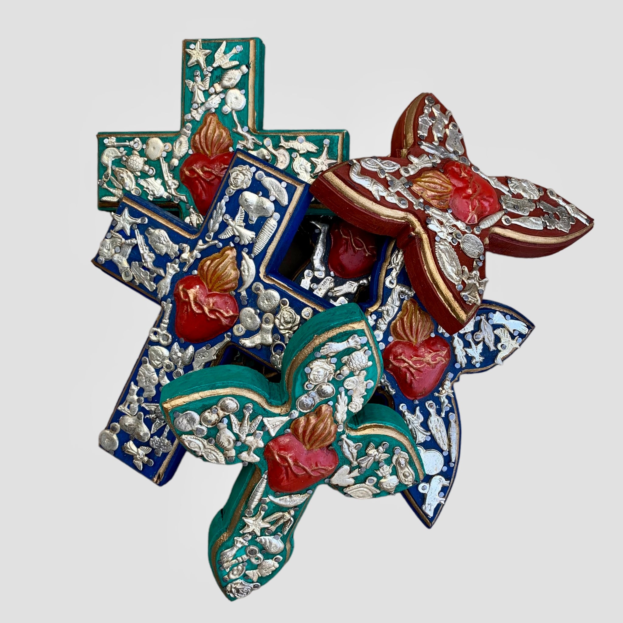 Milagros Wood Sacred Heart Cross Folk Art | Free Shipping | MexDecor